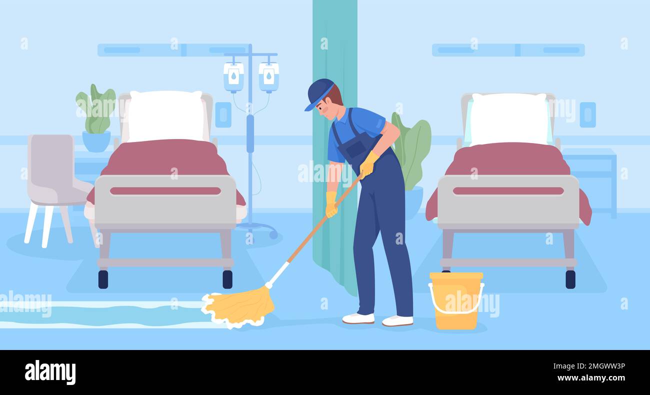 Mopping hospital floor surfaces flat color vector illustration Stock ...