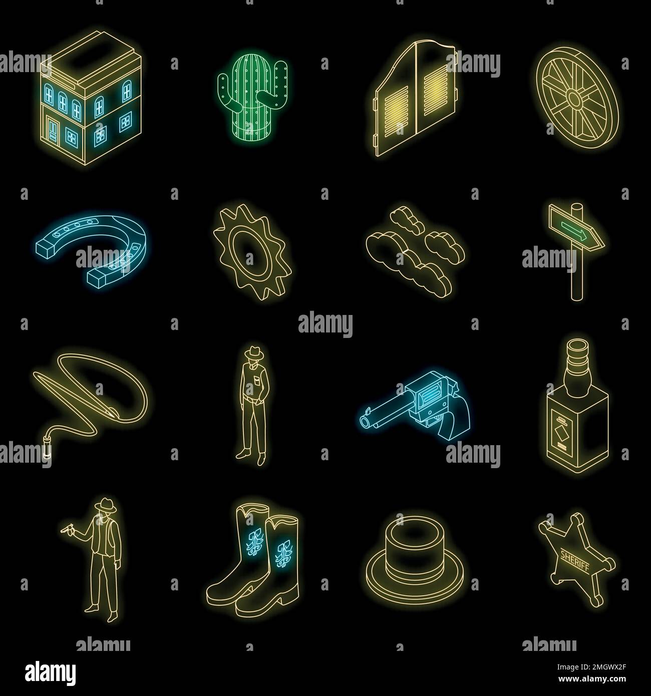 Cowboy icons set. Isometric set of cowboy vector icons neon color on ...