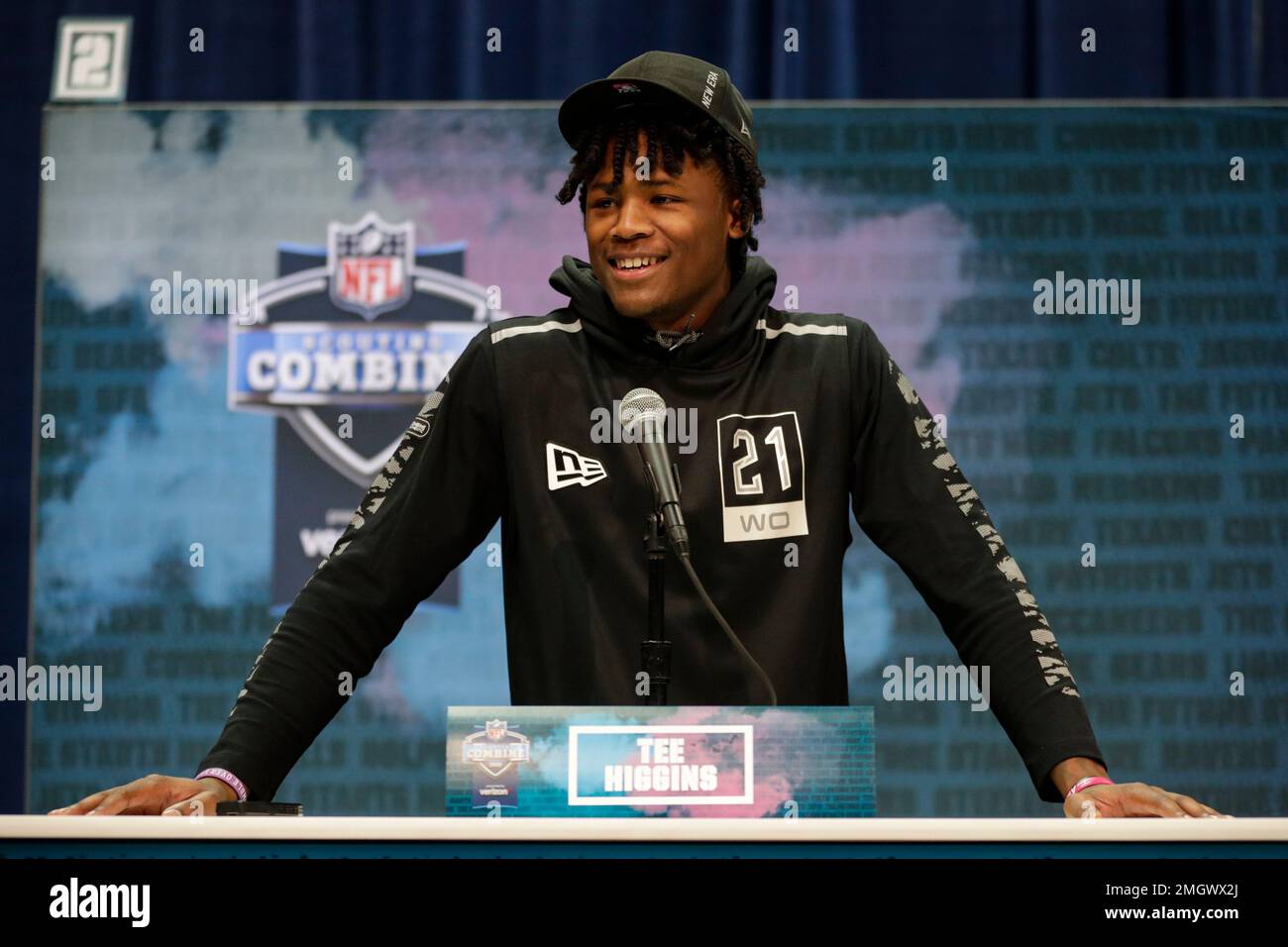 Clemson wide receiver Tee Higgins speaks during a press conference at ...