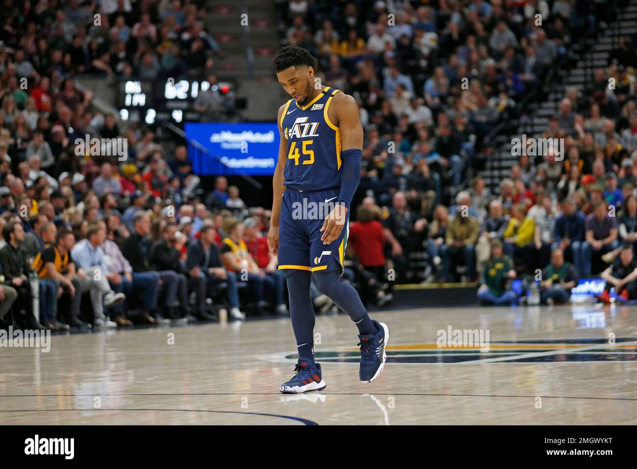 Utah Jazz guard Donovan Mitchell (45) walks up court in the second half ...