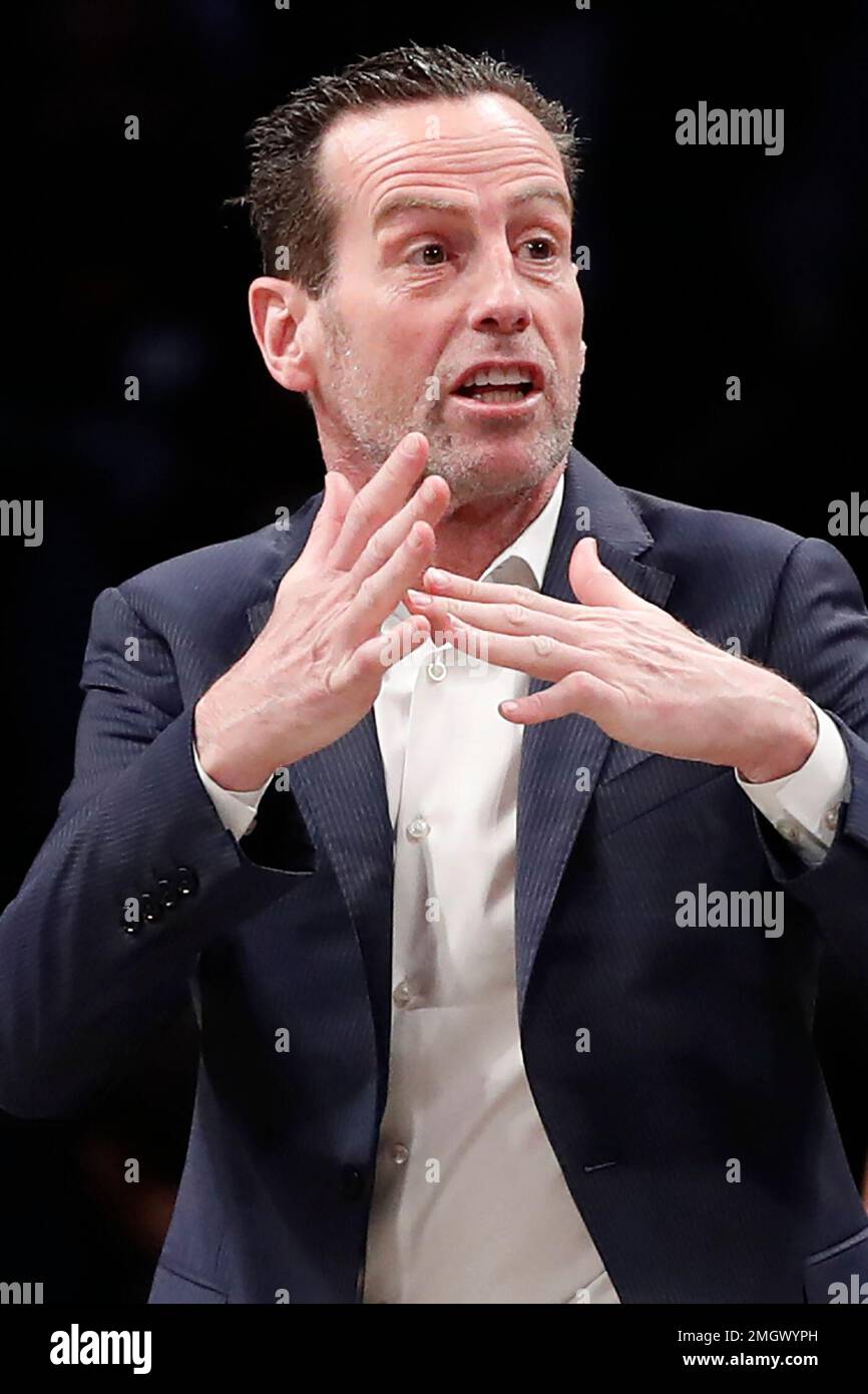 Brooklyn Nets head coach Kenny Atkinson calls for a time out during the ...
