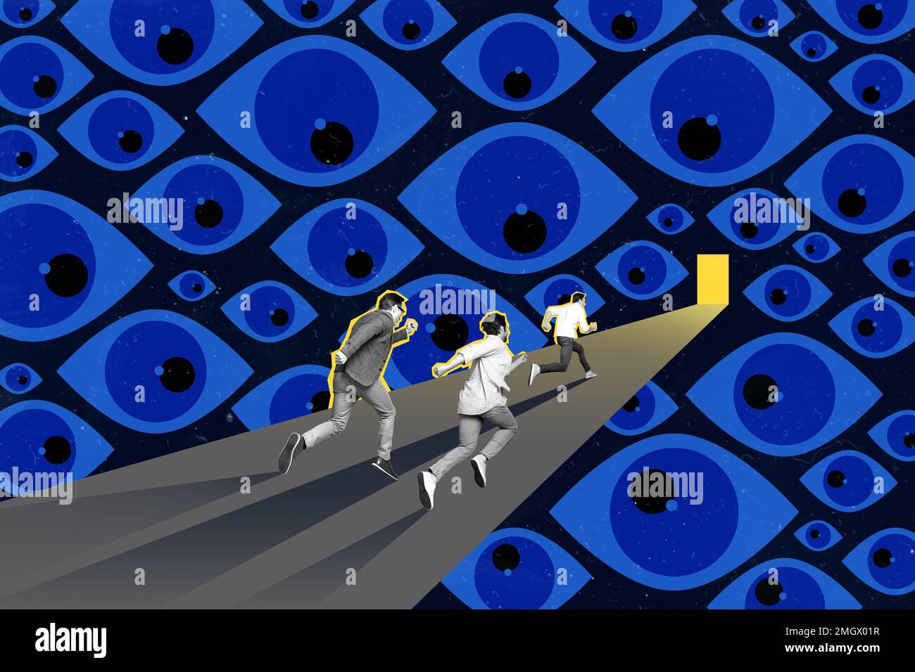 3d retro artwork template collage of three running man escaping ...