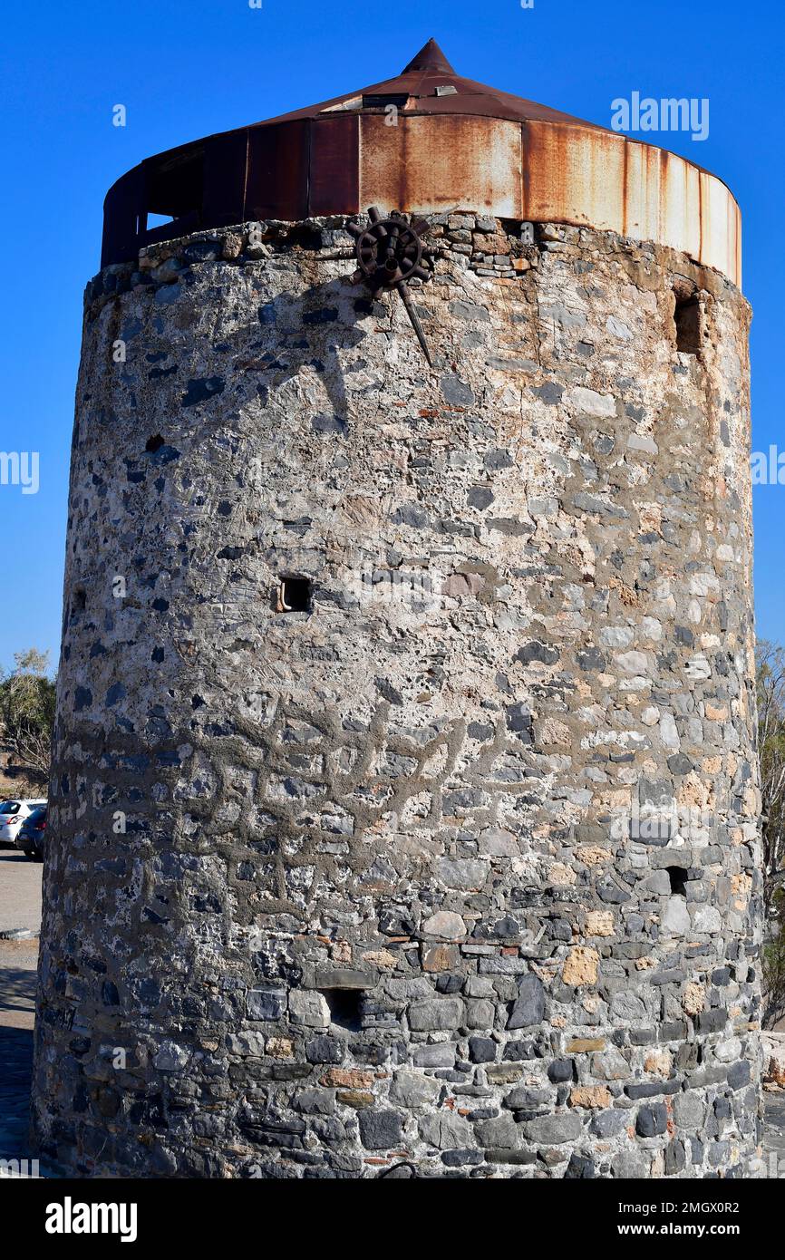 Greece, Crete, old windmills built of stone in Elounda on Kalydon ...
