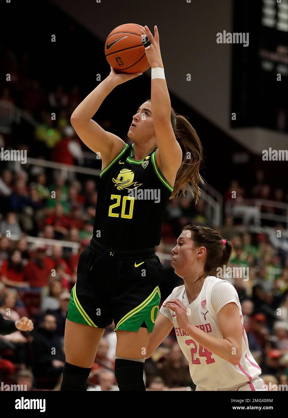Oregon Ducks guard Sabrina Ionescu (20) shoots over Stanford's Lacie ...