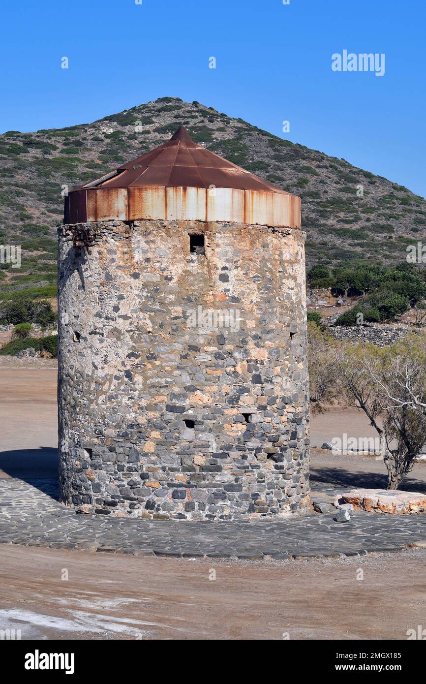 Greece, Crete, old windmills built of stone in Elounda on Kalydon ...