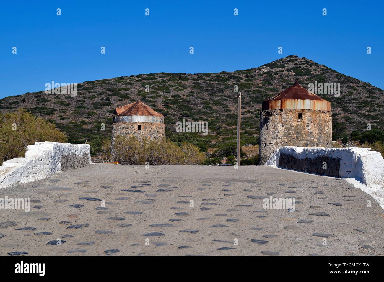 Greece, Crete, bridge to Kalydon peninsula aka Spinalonga peninsula and ...