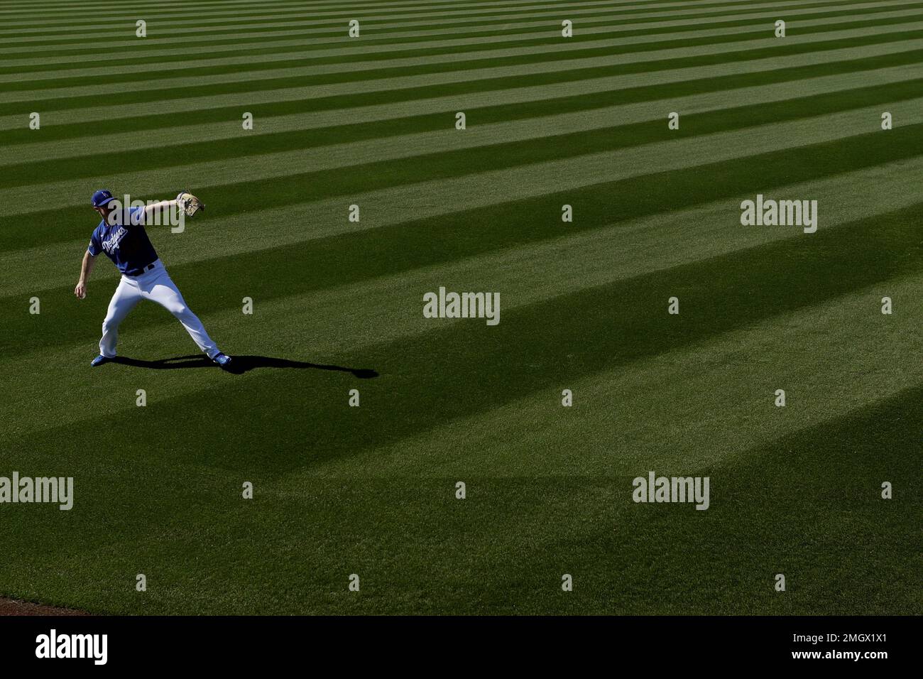 Los Angeles Dodgers starting pitcher Ross Stripling warms up before a ...