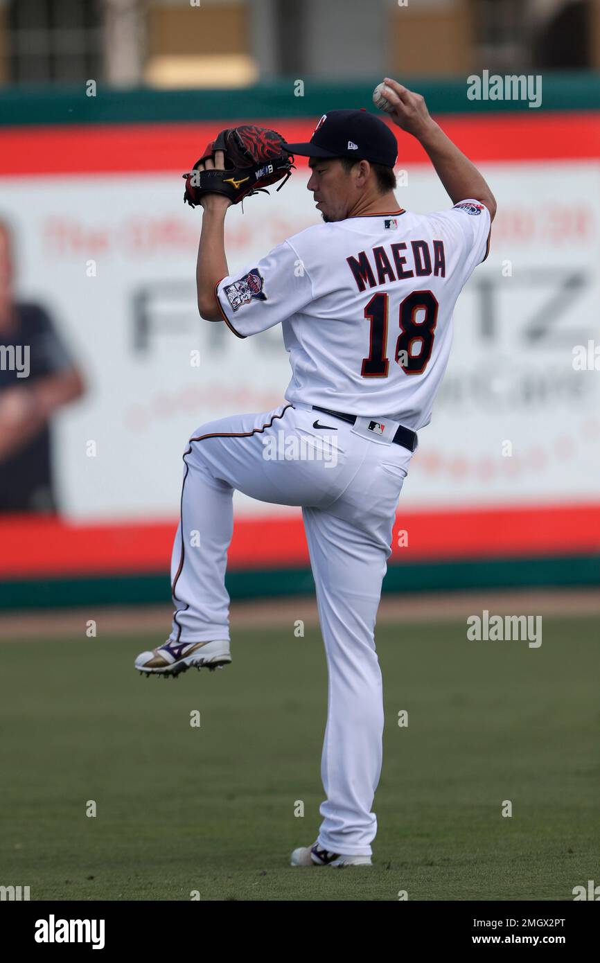 Minnesota Twins starting pitcher Kenta Maeda warms up before pitching ...