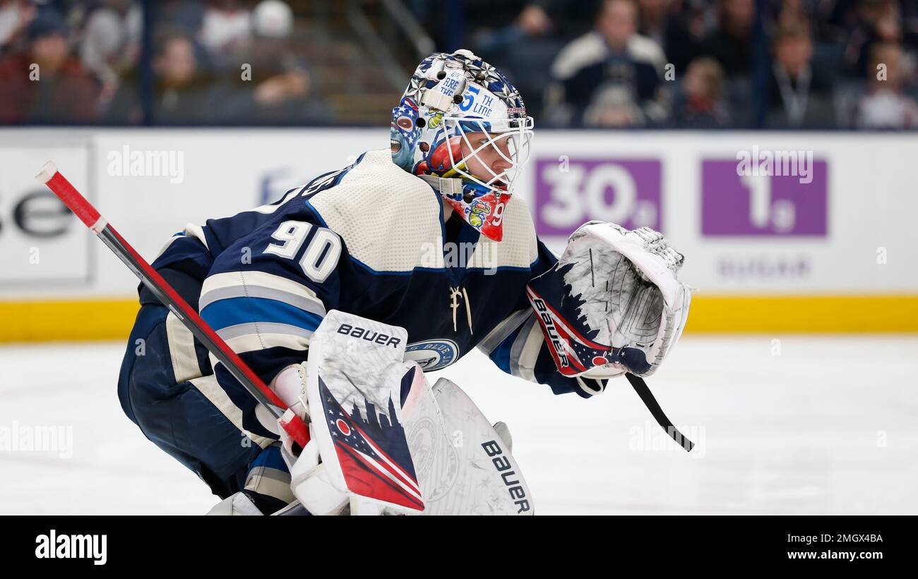 Columbus Blue Jackets' Elvis Merzlikins, of Latvia, plays against the ...