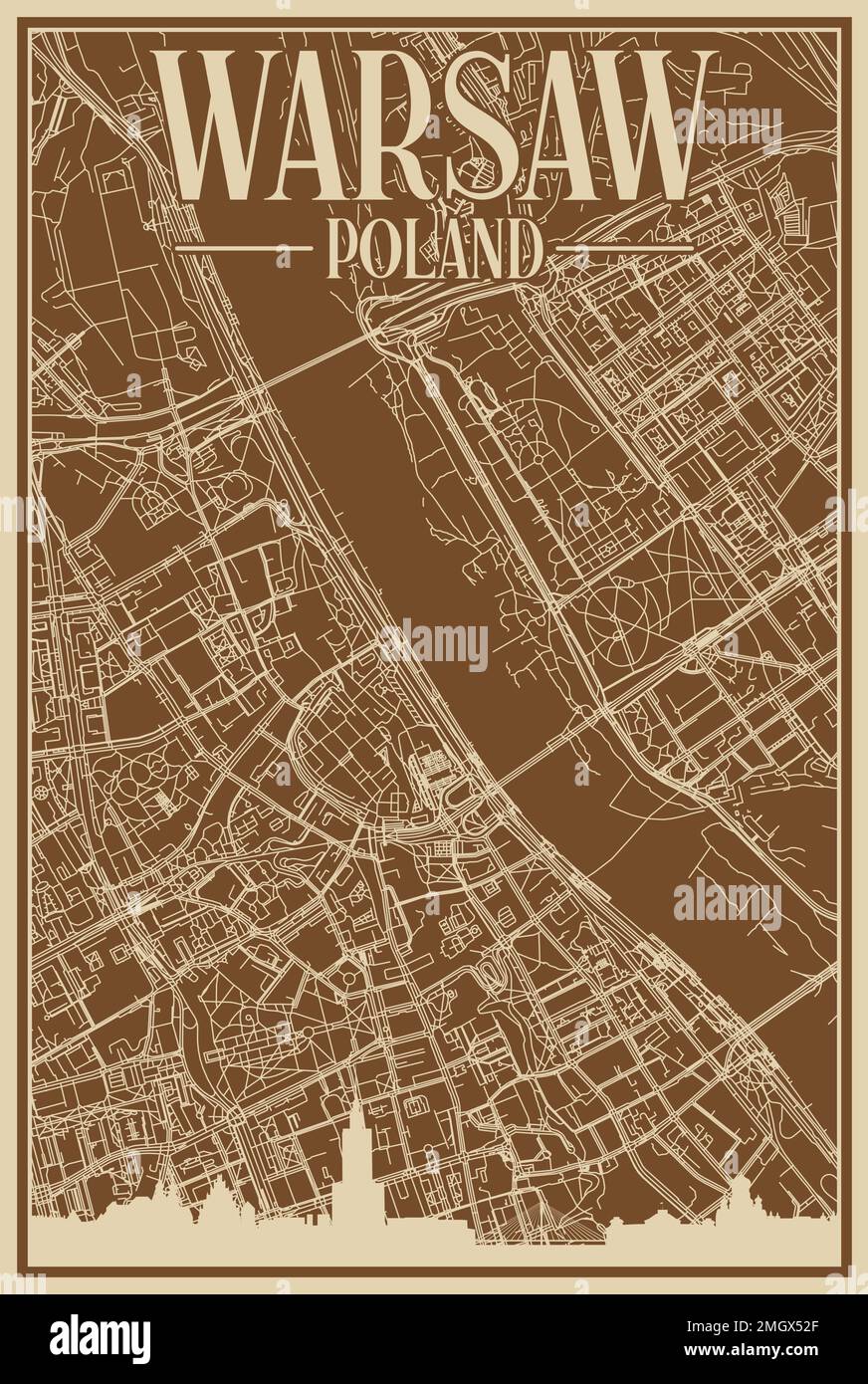 Road network poster of the downtown WARSAW, POLAND Stock Vector Image ...