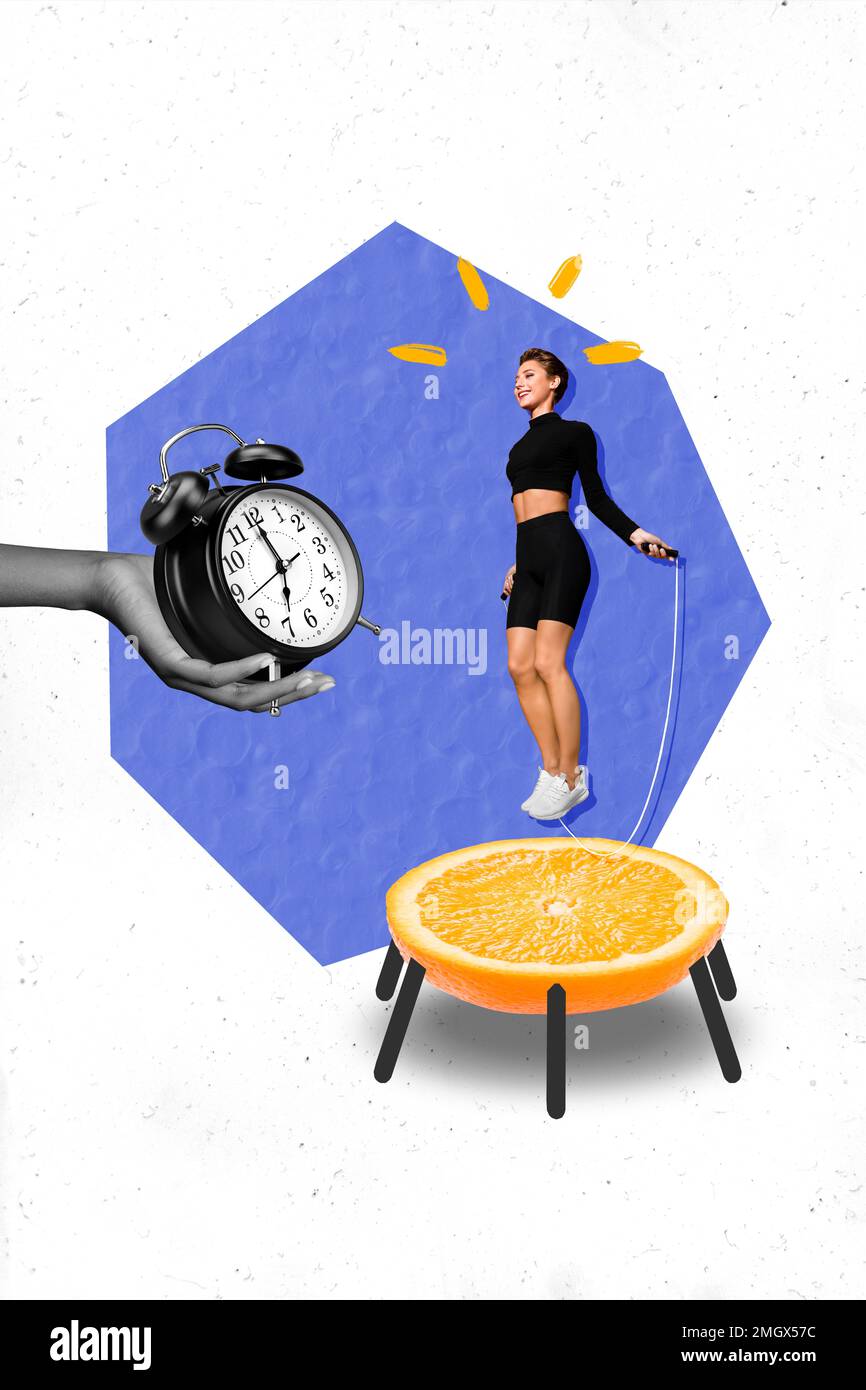 Vertical creative photo collage of positive young girl jump on ...