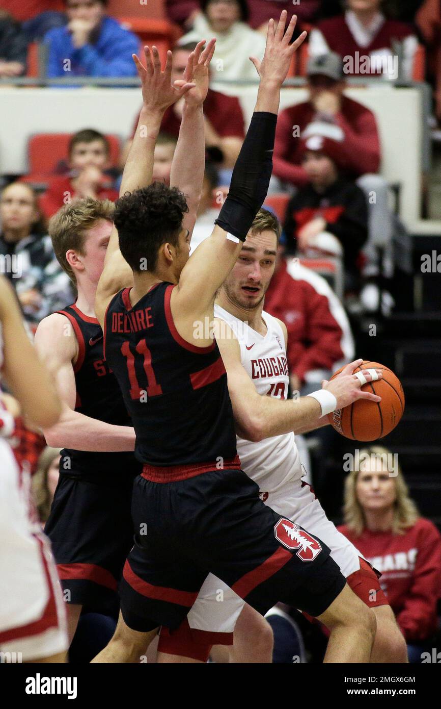 Stanford forward James Keefe, left, and forward Jaiden Delaire, center ...