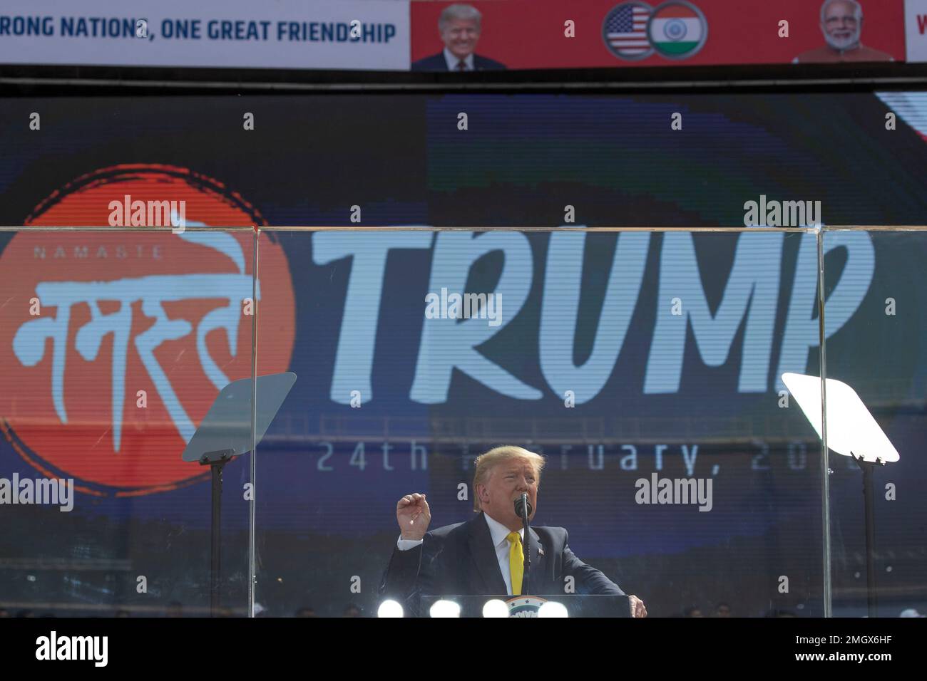 U.S. President Donald Trump speaks during a "Namaste Trump," event at ...