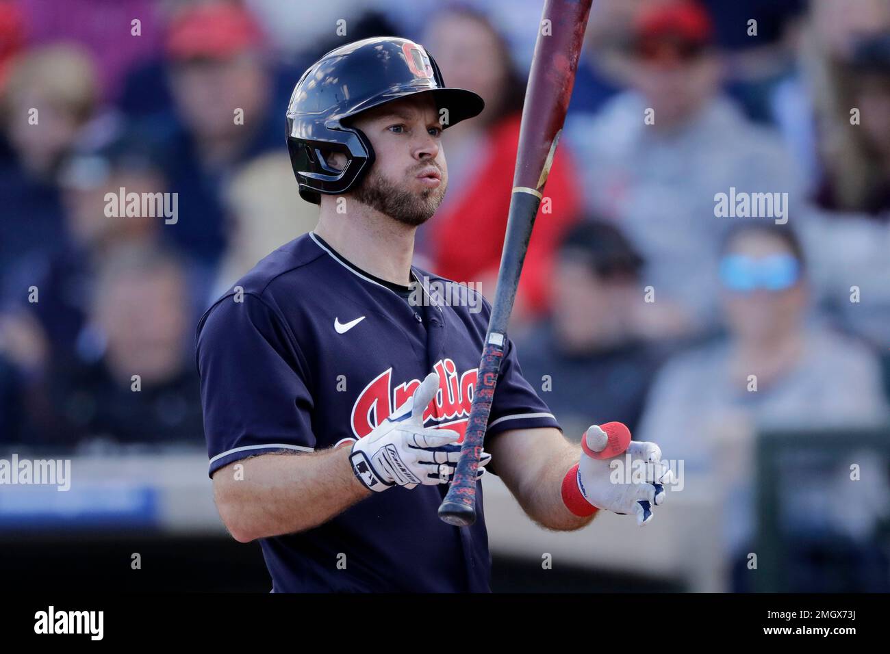 Cleveland Indians' Mike Freeman flips his bat after striking out during ...