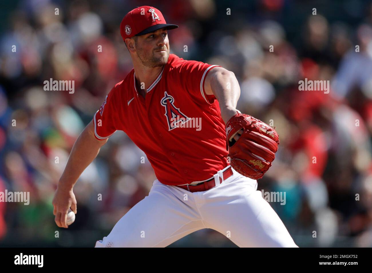 Los Angeles Angels relief pitcher Mike Mayers works against a Colorado ...