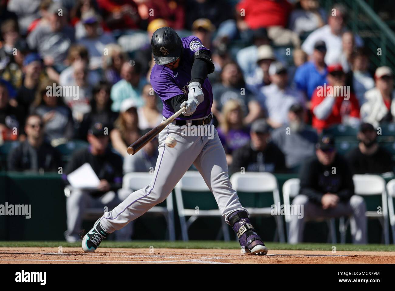 Colorado Rockies' Nolan Arenado hits during the first inning of a ...