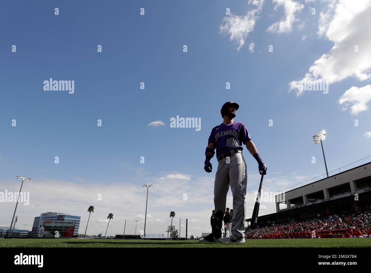 Colorado Rockies' David Dahl gets ready to bat shortly before a spring ...