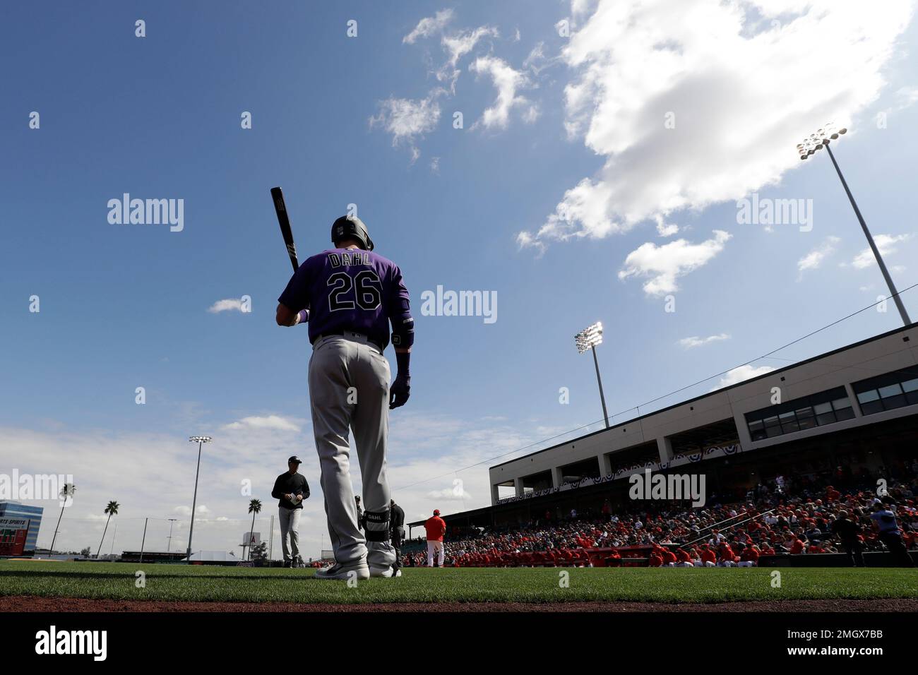 Colorado Rockies' David Dahl gets ready to bat shortly before a spring ...
