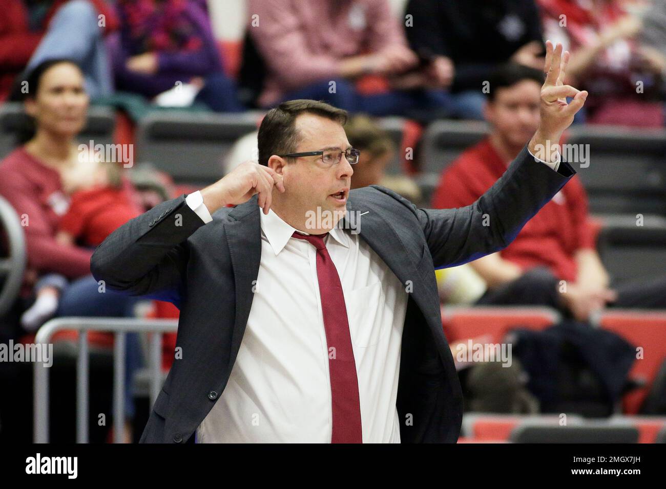 Stanford head coach Jerod Haase signals his players during the second ...