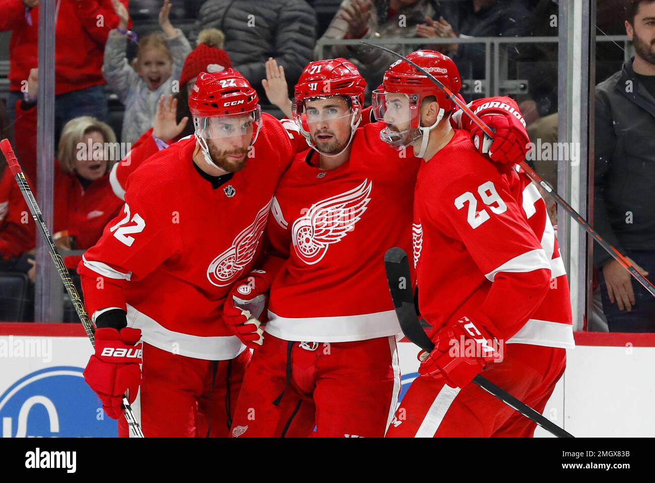 Detroit Red Wings' Dylan Larkin, center, celebrates his goal with ...