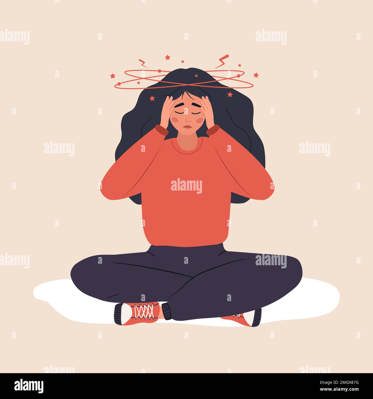 Iron deficiency anemia. Sad woman with dizziness sitting on floor ...