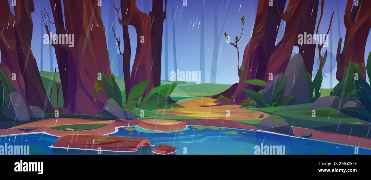 Nature rainy scene with lake. Summer landscape with green trees, grass ...