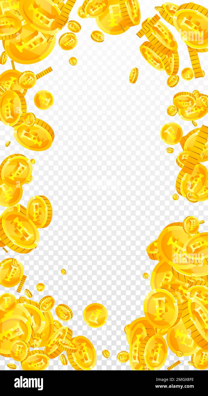 Swiss franc coins falling. Gold scattered CHF coins. Switzerland money ...
