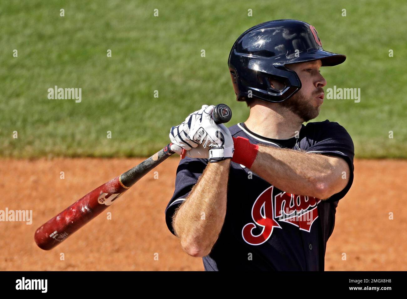 Cleveland Indians' Mike Freeman watches his two-run single during the ...