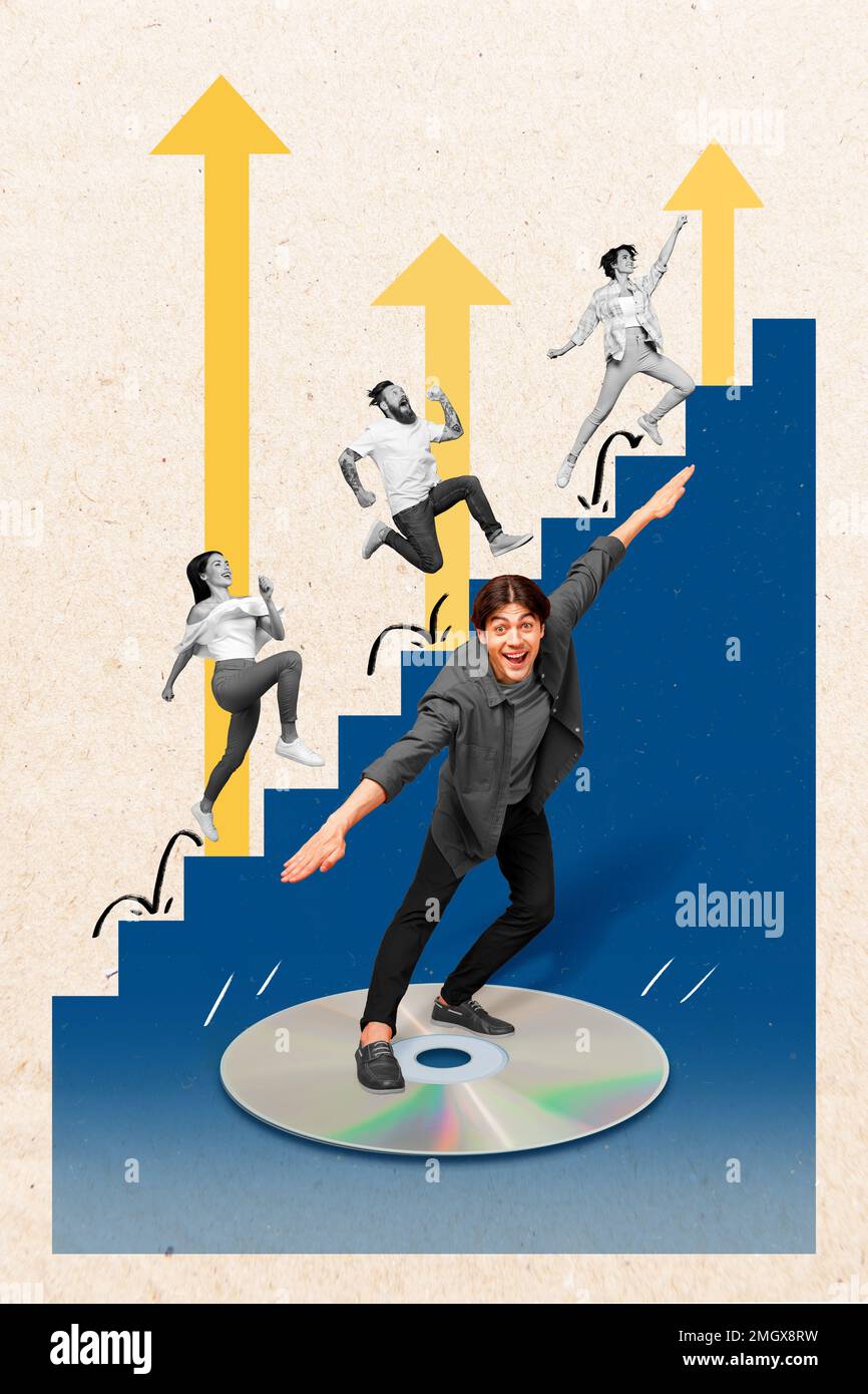 Vertical creative photo collage of funny happy people workers running ...