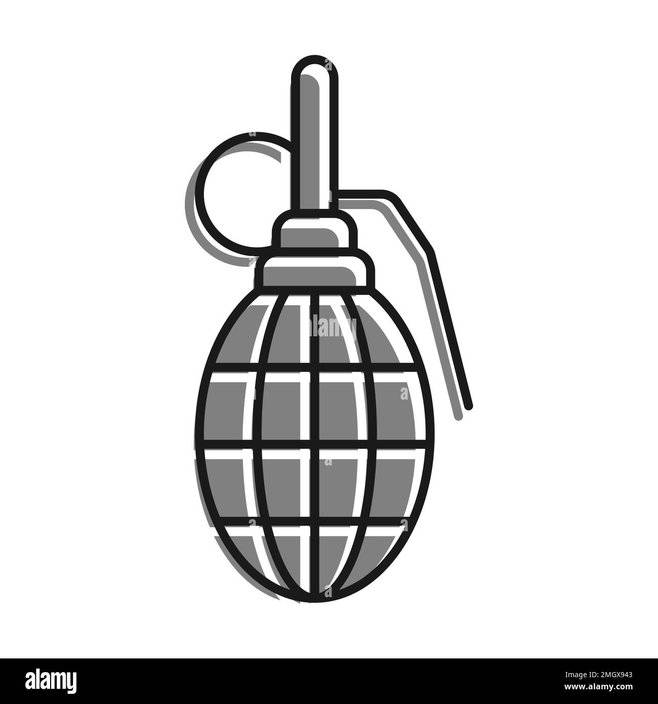 Linear filled with gray color icon. Combat Hand Fragmentation Ribbed Grenade With Cube ...