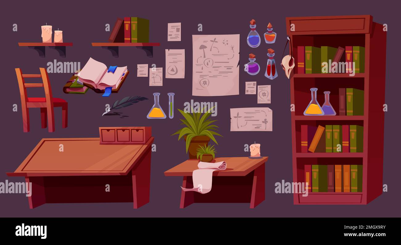 Cartoon set of furniture for alchemist room interior design. Vector ...