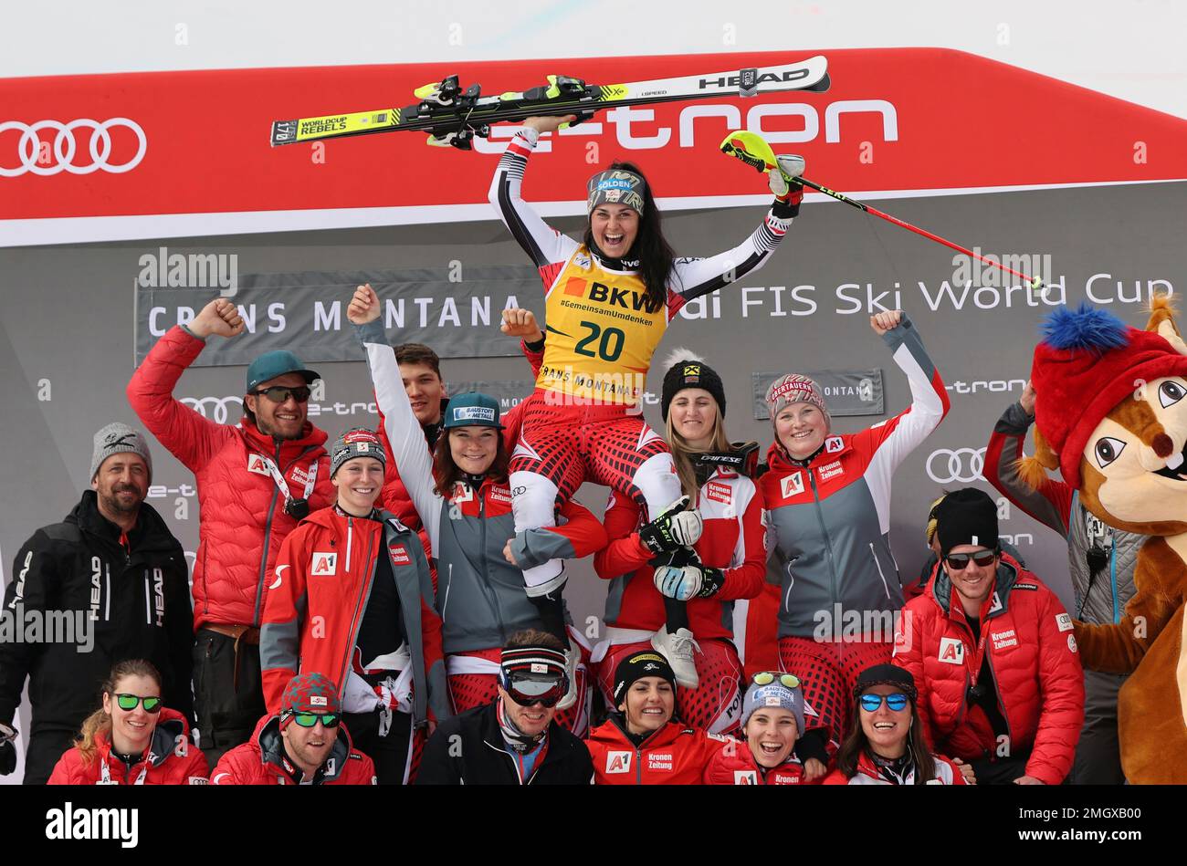 Austria's Franziska Gritsch celebrates her second place in a alpine ski ...