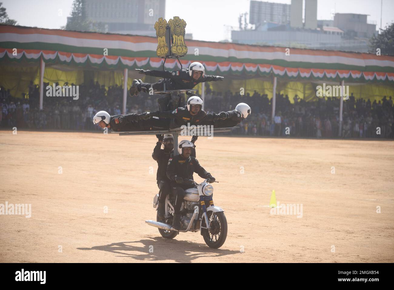 Bangalore, India. 26th Jan, 2023. Members of a motorcycle stunt team ...