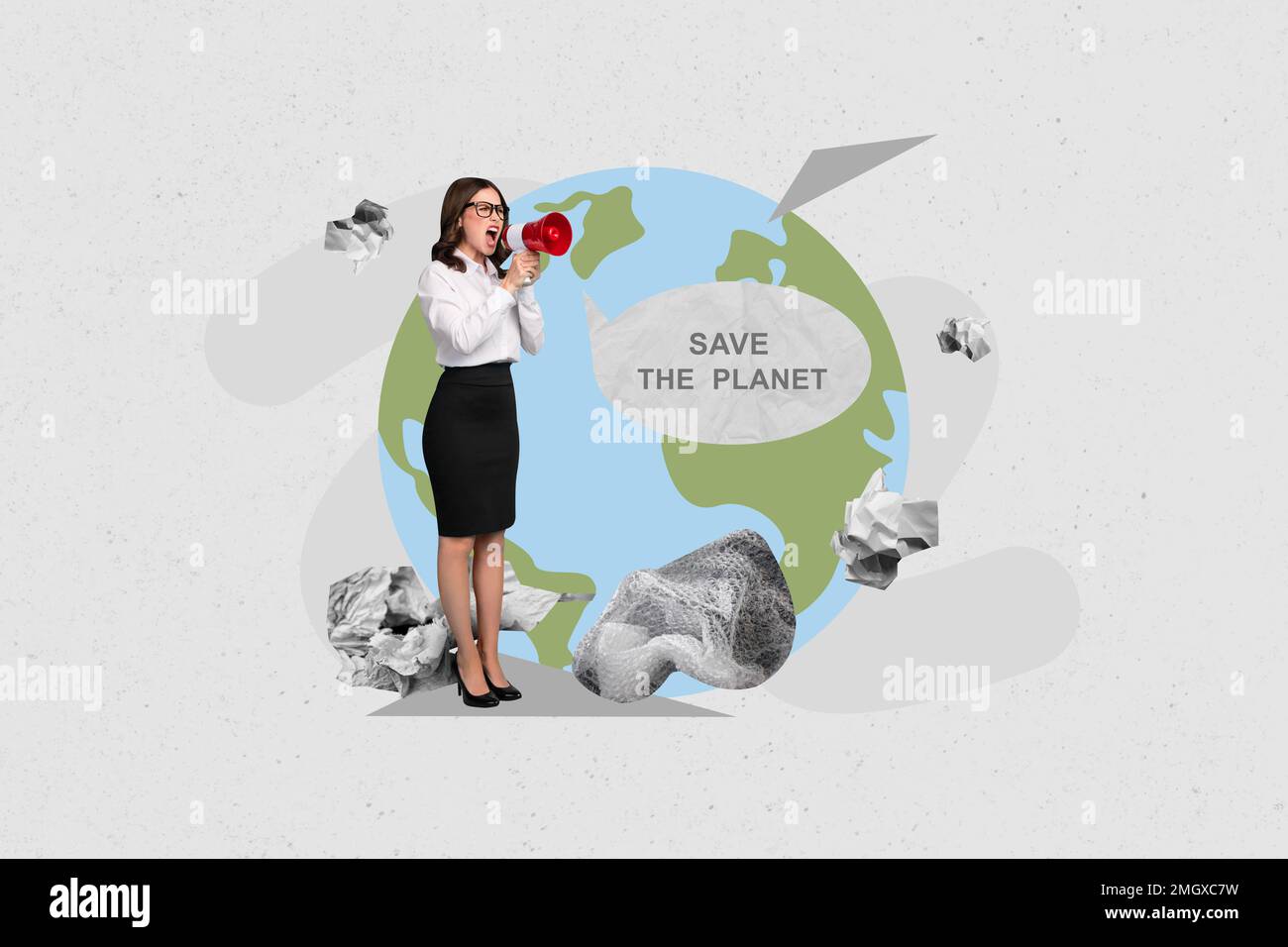 Collage photo of young activist woman screaming loudspeaker message ...