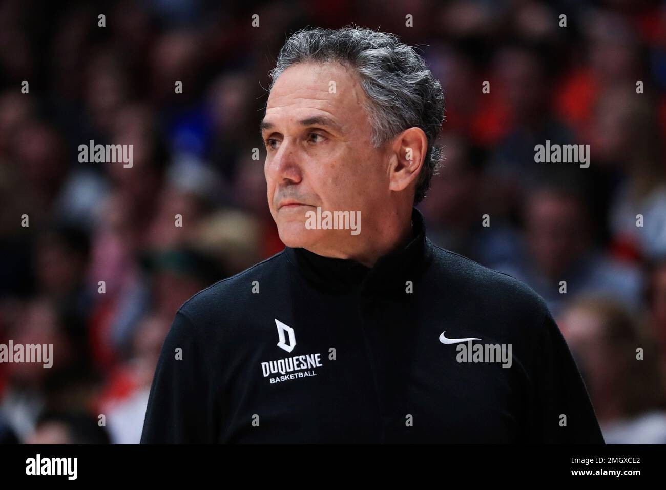 Duquesne's head coach Keith Dambrot reacts from the bench in the first ...