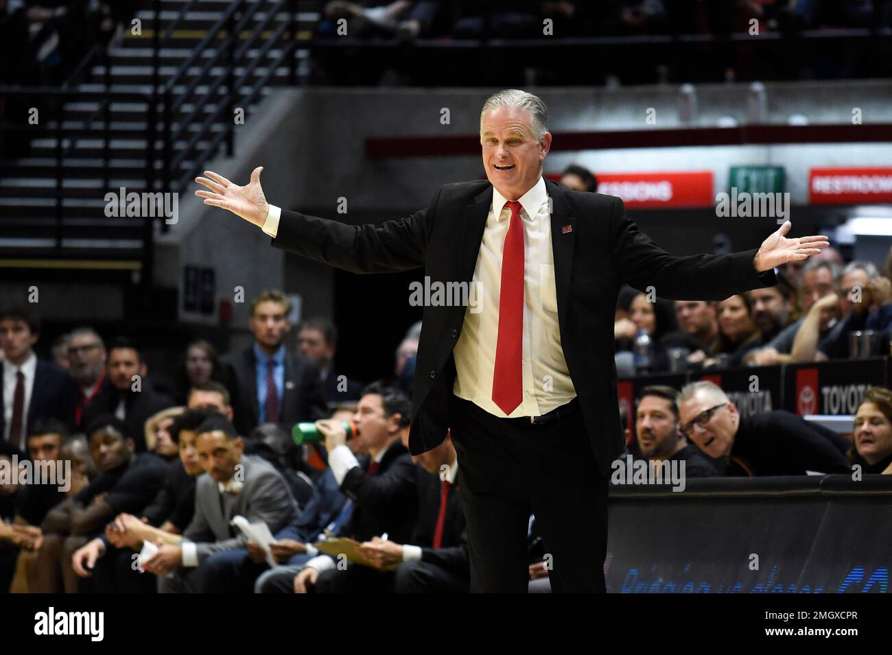 San Diego State head coach Brian Dutcher reacts to a call during the ...