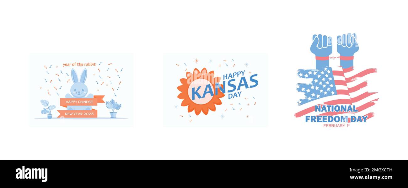 Chinese New Year 2023, Kansas Day, National freedom day, set flat ...