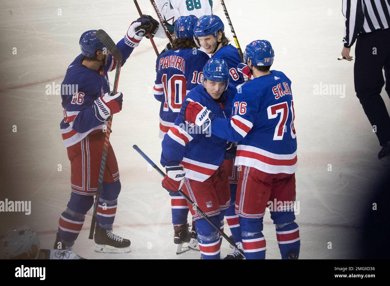 New York Rangers Right Wing Jesper Fast 17 Celebrates With Teammates