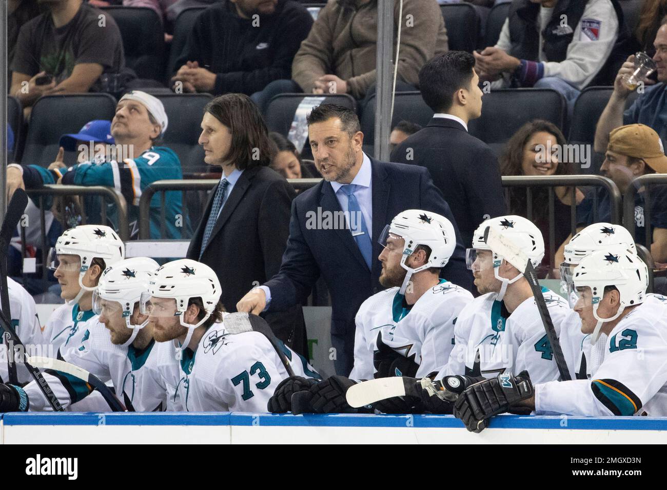 San Jose Sharks interim head coach Bob Boughner, center, instructs his ...
