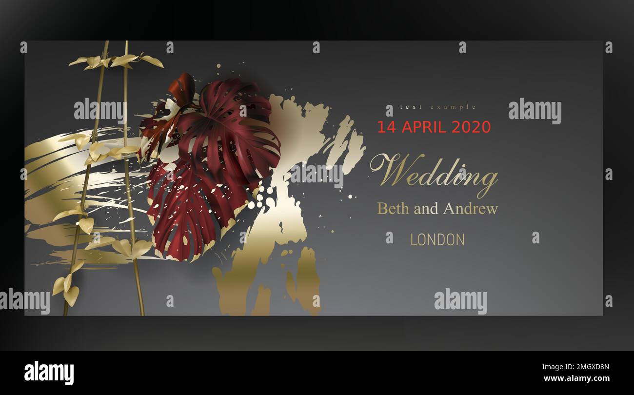 Tropical gold maroon monstera leaves on black dark background vector ...