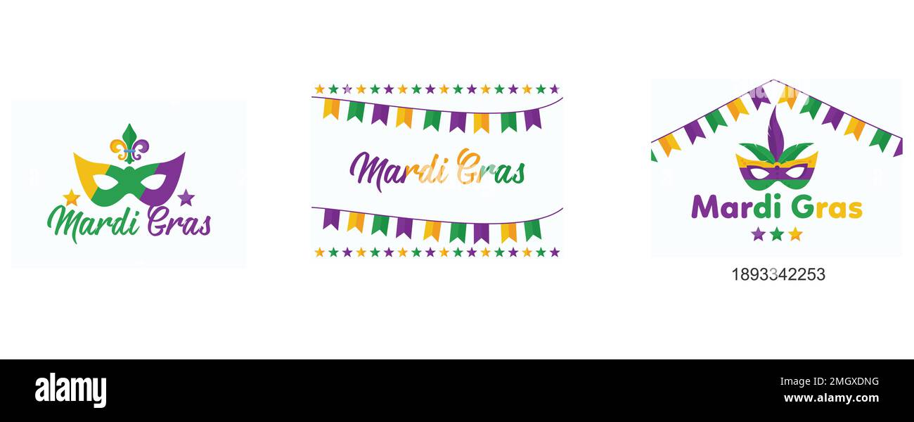Mardi Gras purple and green text with masquerade mask and fleurs-de-lis ...