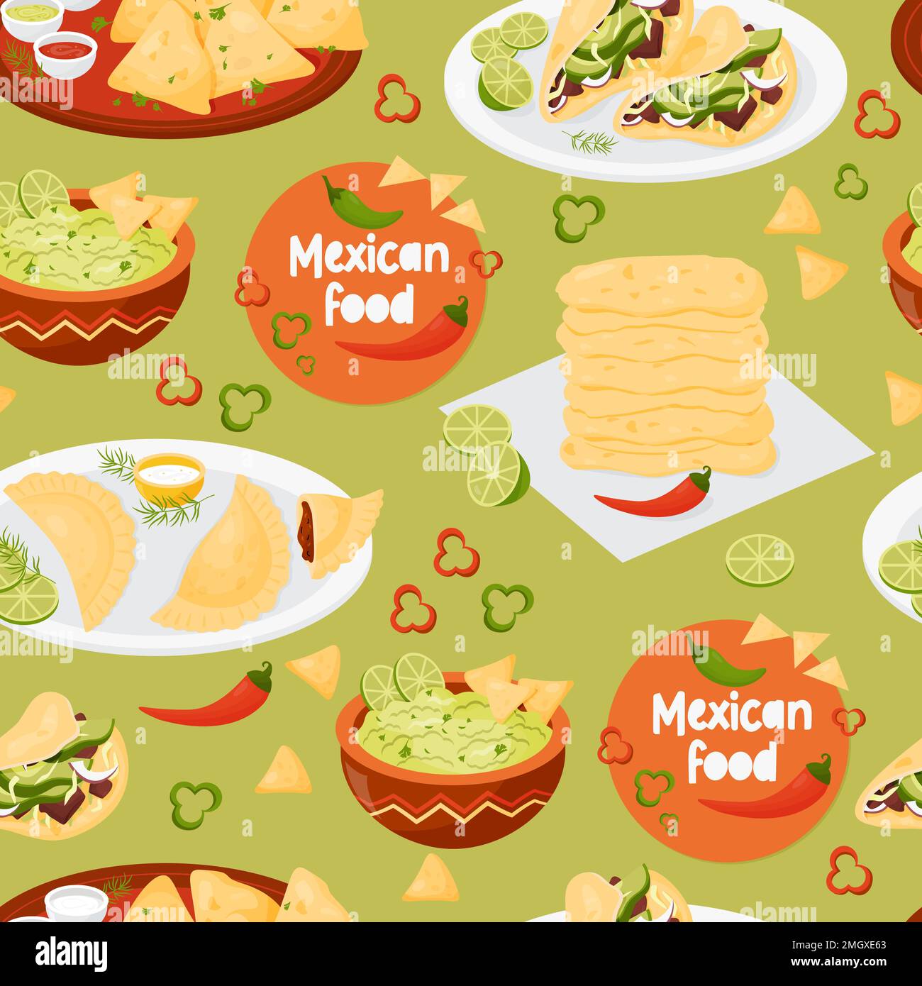 Seamless pattern with Mexican food on green background with traditional ...