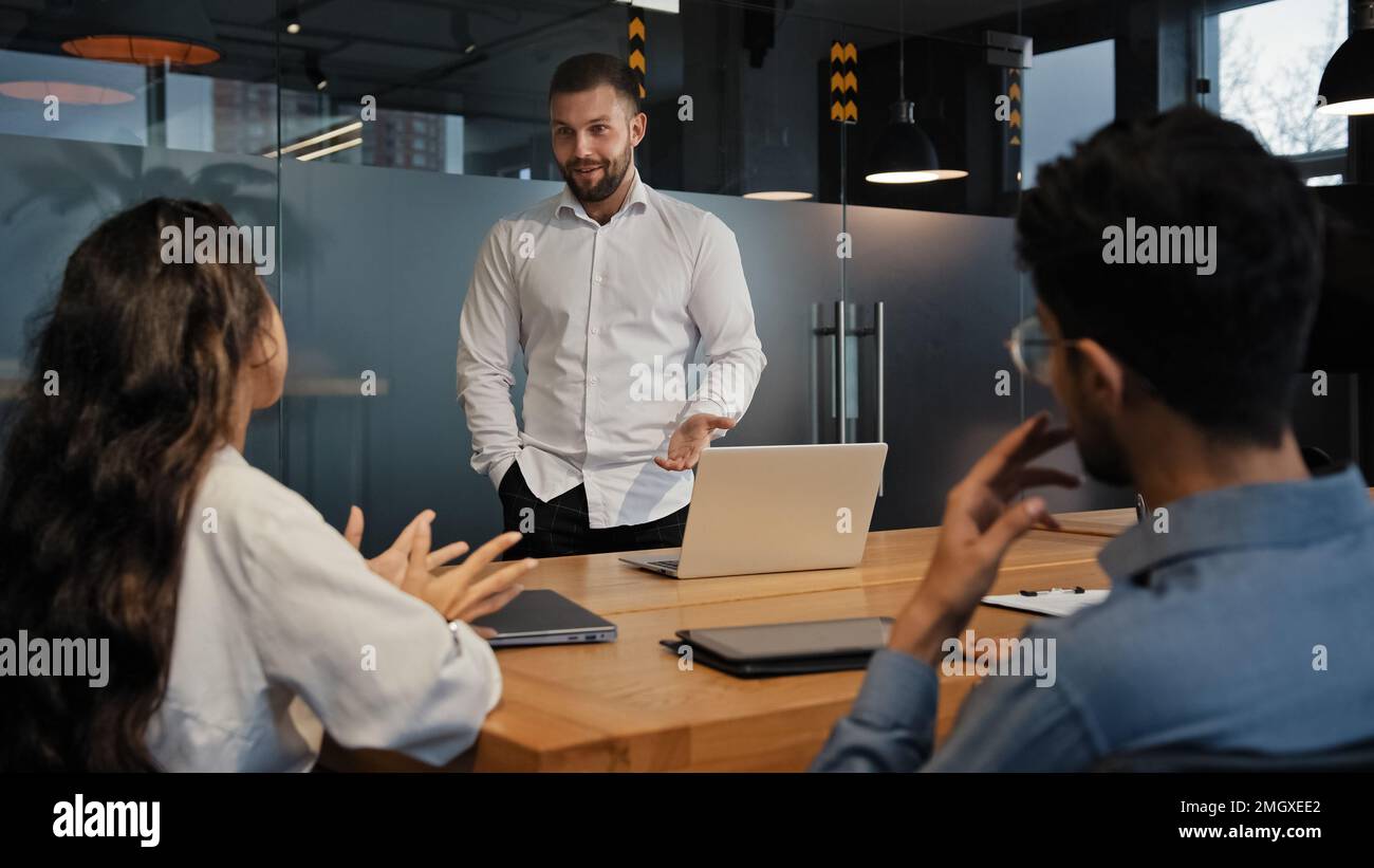 Business people group listening to businessman leader boss man company ...