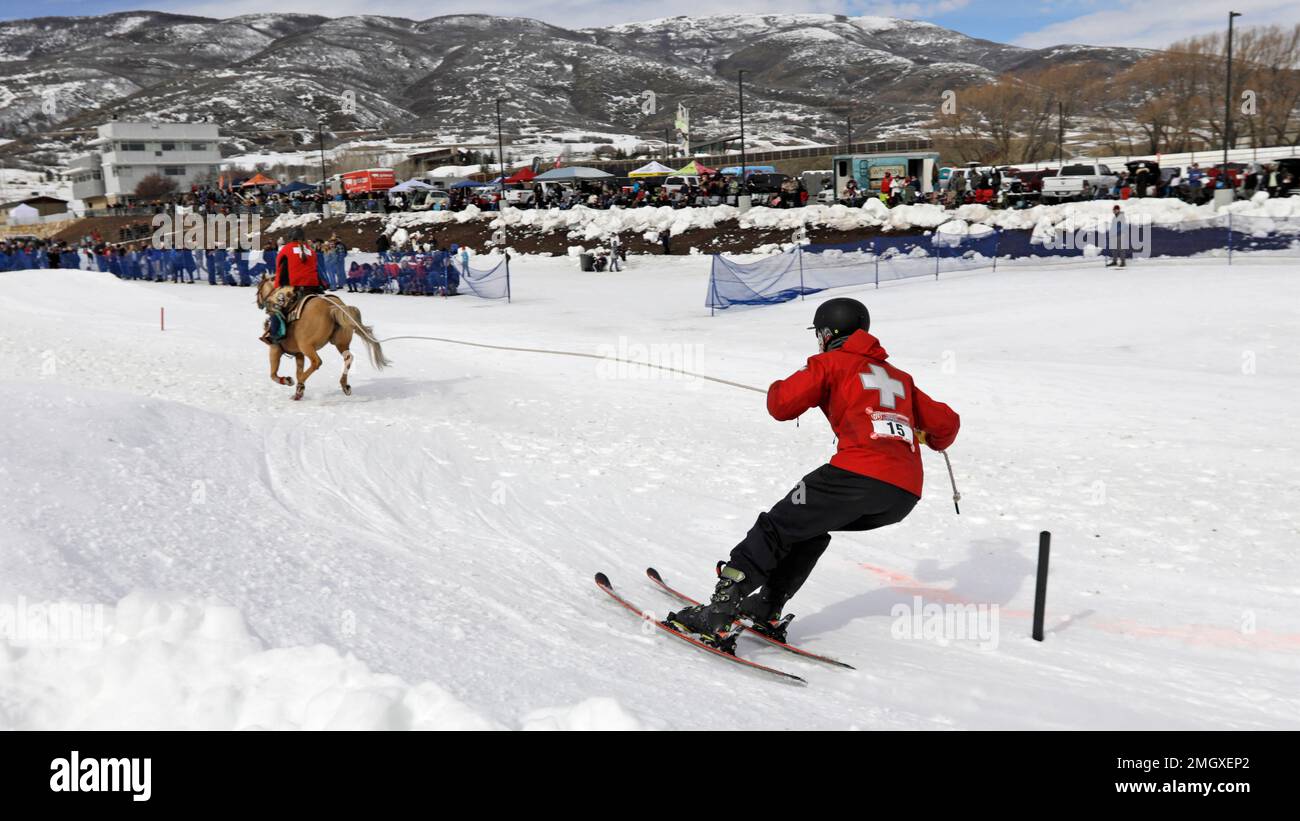 A horse and rider pulls a skier at a fast pace through a course that ...