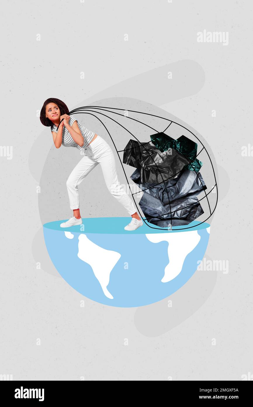 Creative abstract template collage of young woman pulling trash bag ...