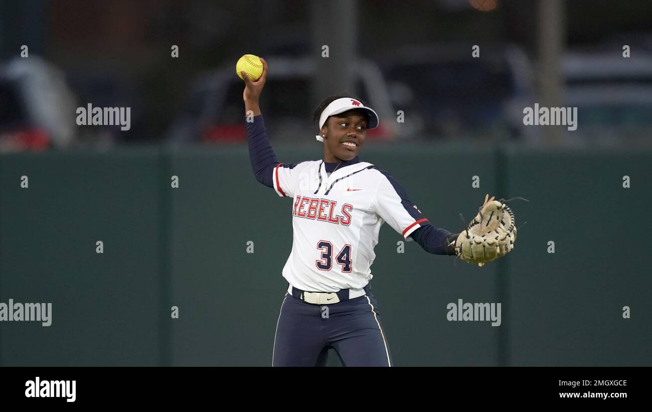 Ole Miss out fielder Nyomi Jone (34) during an NCAA softball game ...