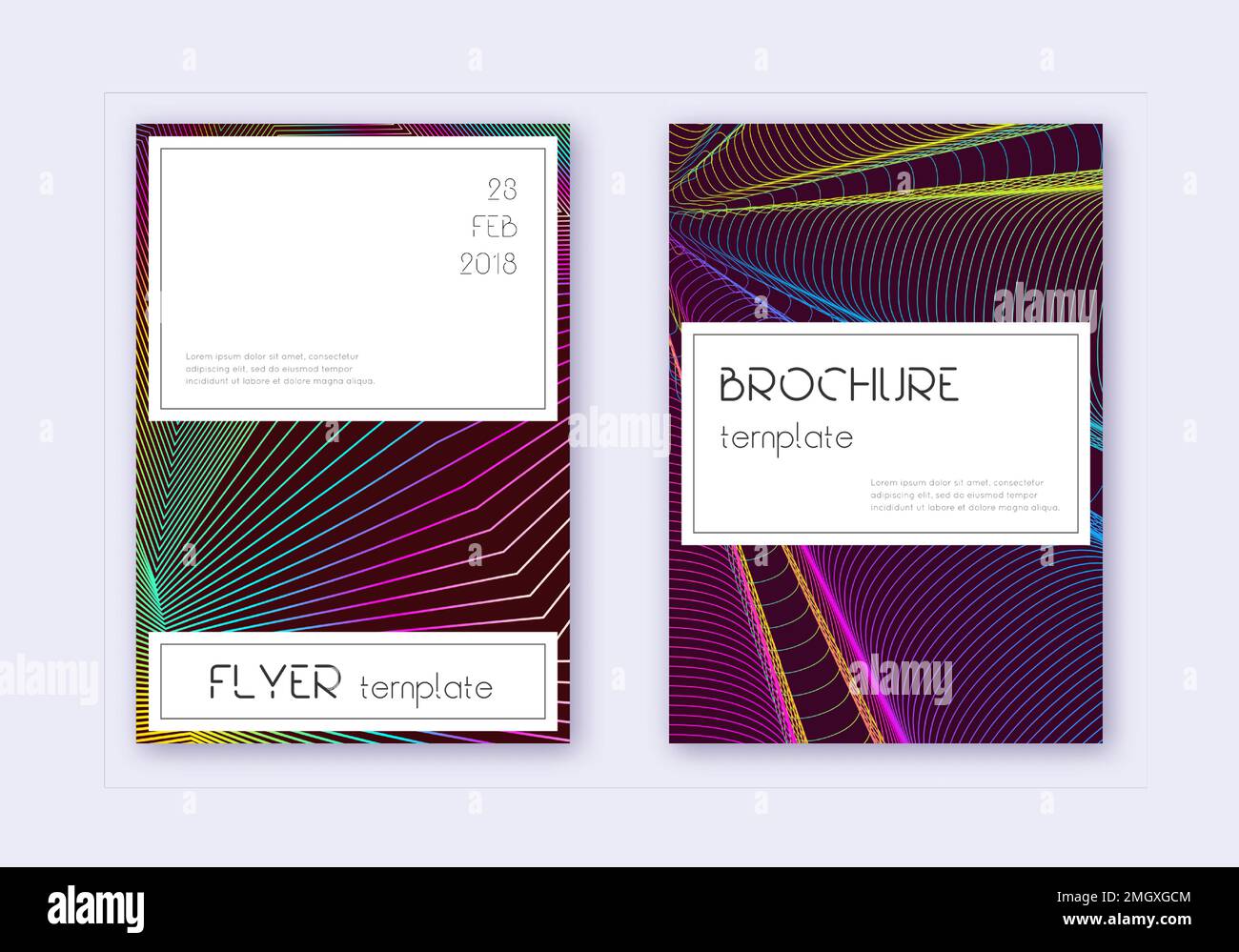 Stylish cover design template set. Rainbow abstract lines on wine red ...