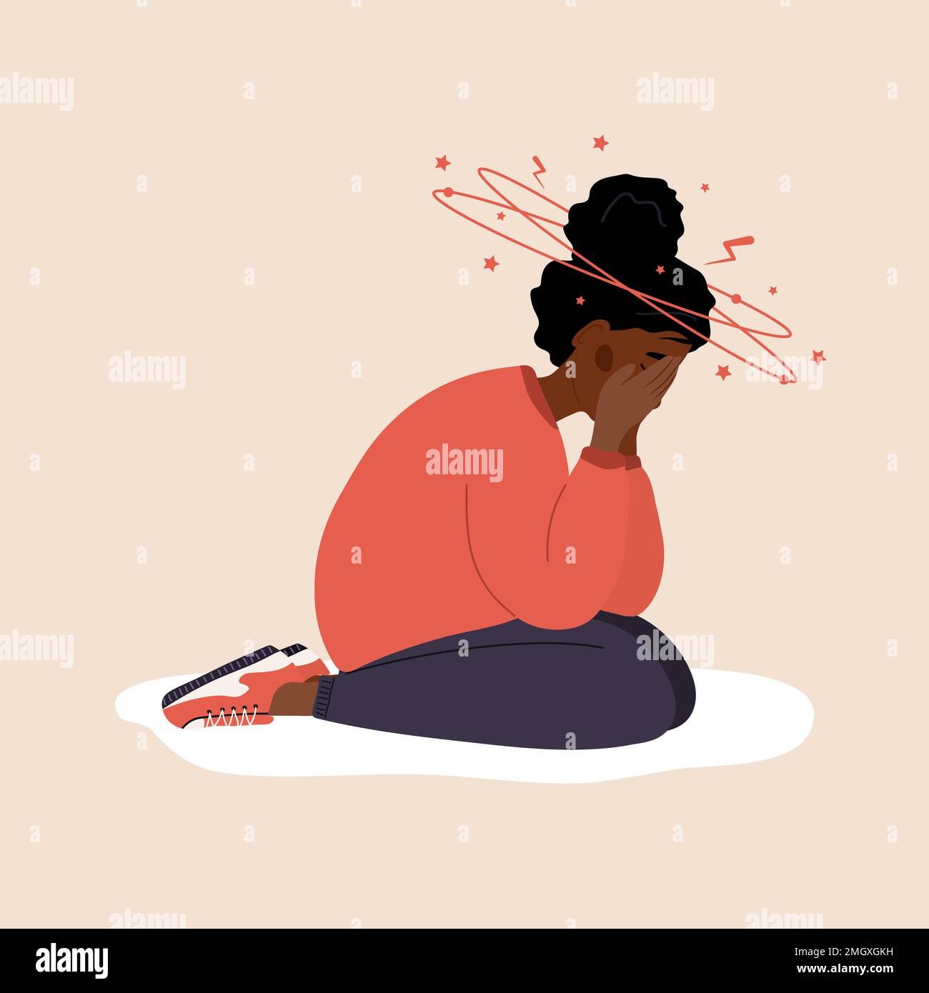 Iron Deficiency Anemia Sad African Woman With Headache Sitting On