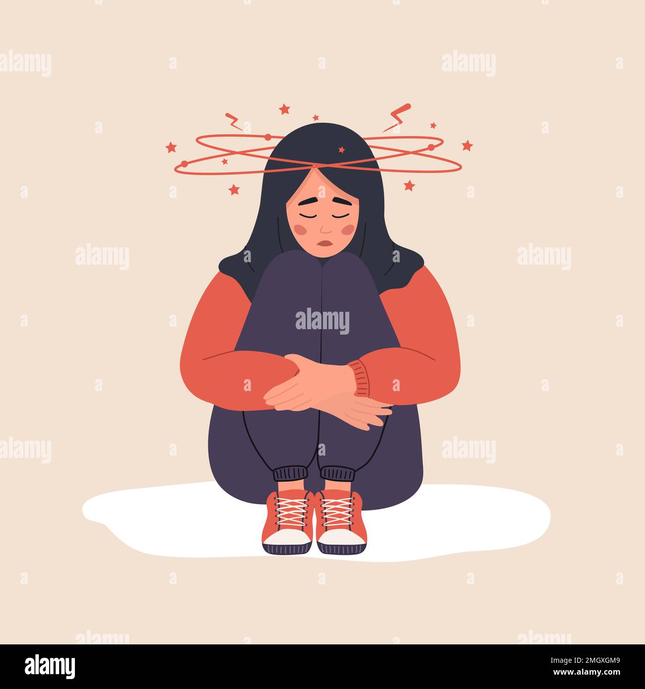Anemia Concept Sad Arabic Woman With Dizziness Sitting On Floor