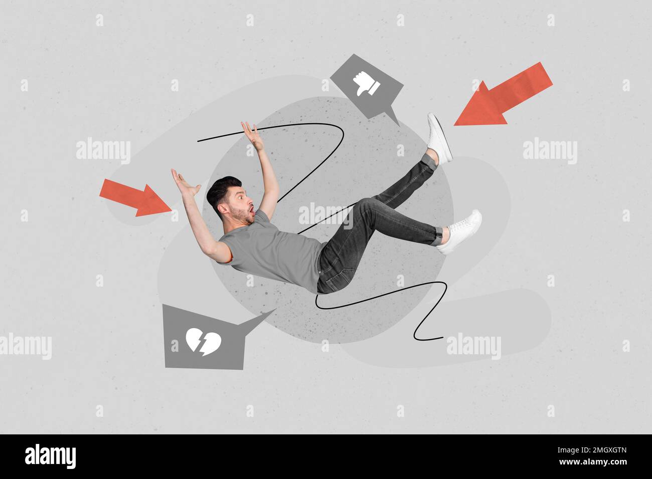 Composite collage image of scared man falling down thumb down social ...